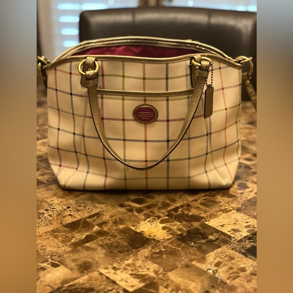 Coach | Bags | Coach Peyton Signature Tattersall Tote Purse Handbag Plaid Gold Leather Y2k ...